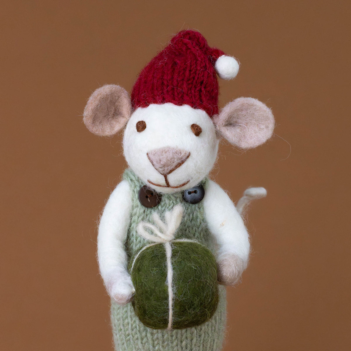 Felted White Mouse | Sage Overalls with Green Present – pucciManuli