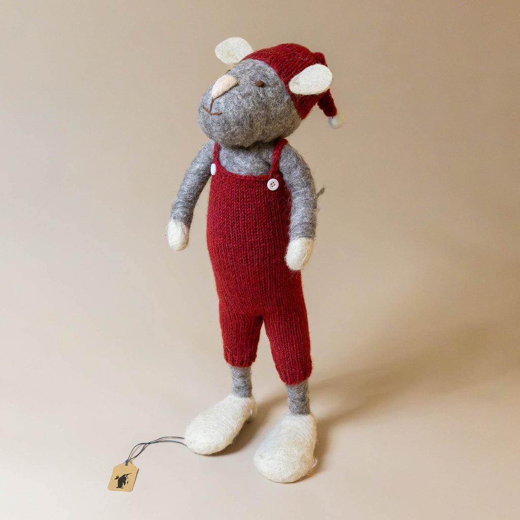 Jumbo Felted Grey Mouse | Red Overalls & Hat