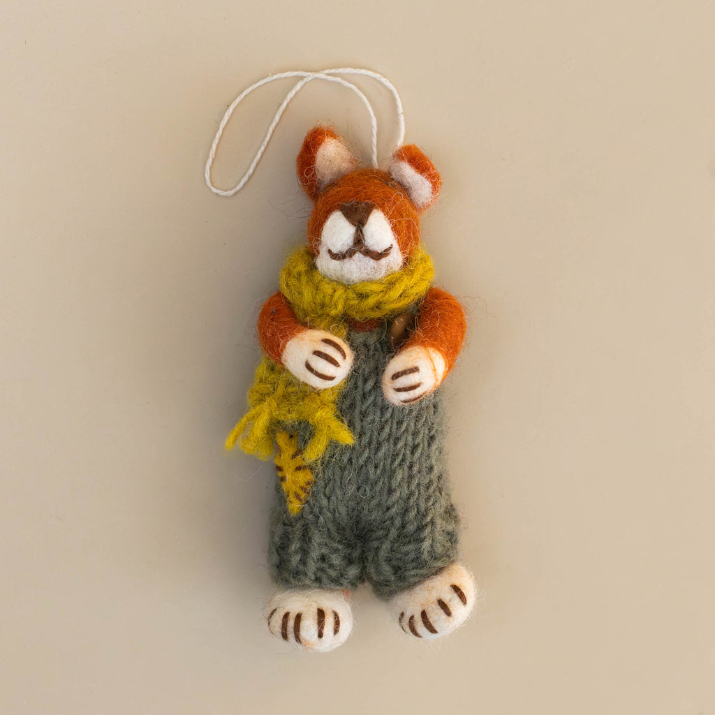 Felted Red Fox Ornament | Green Knit Overalls & Ochre Scarf